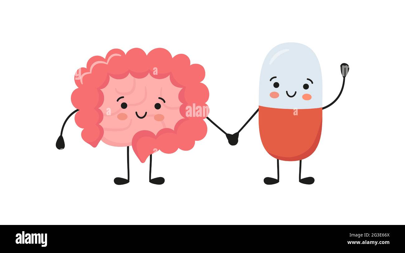 Healthy intestine and happy smiling medicine pill characters hold hands ...