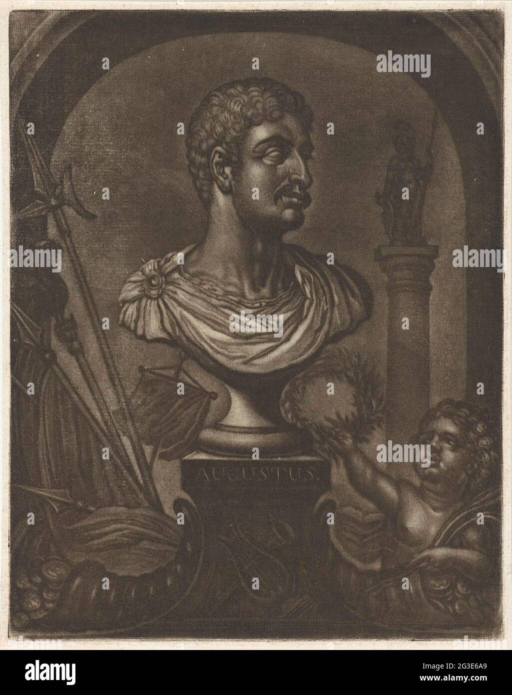 Bust of Emperor Augustus. A putto with a laurel wreath and money ...