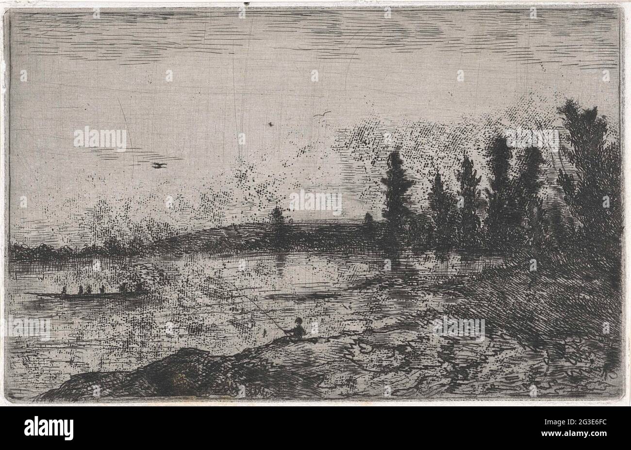 Landscape with rowing boat and angler Stock Photo - Alamy