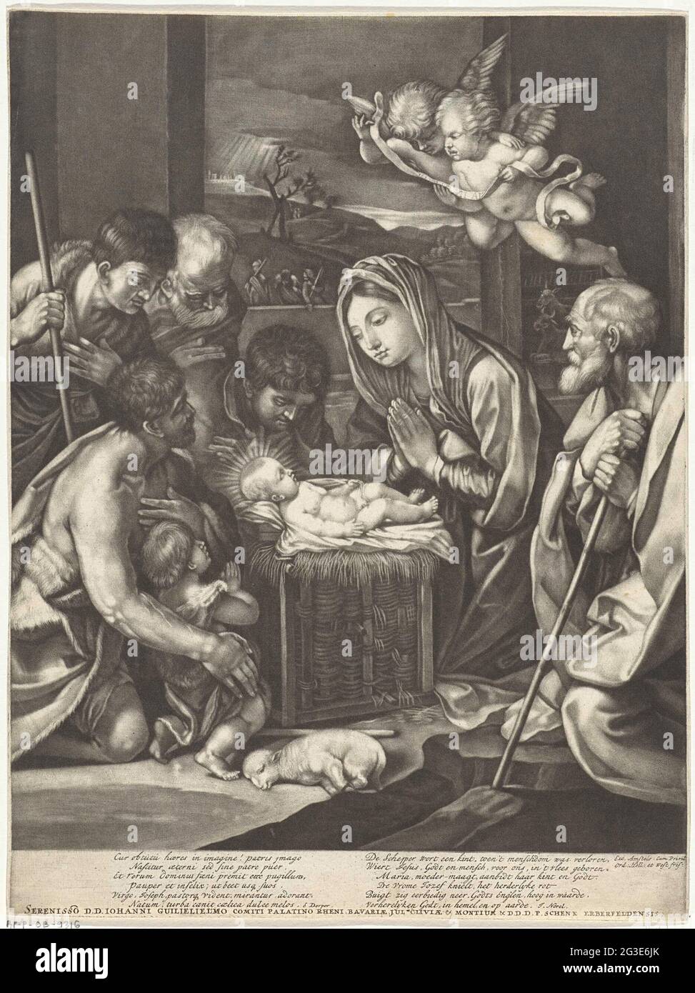 Worship of the shepherds. Maria, Joseph and a few shepherds worship the ...