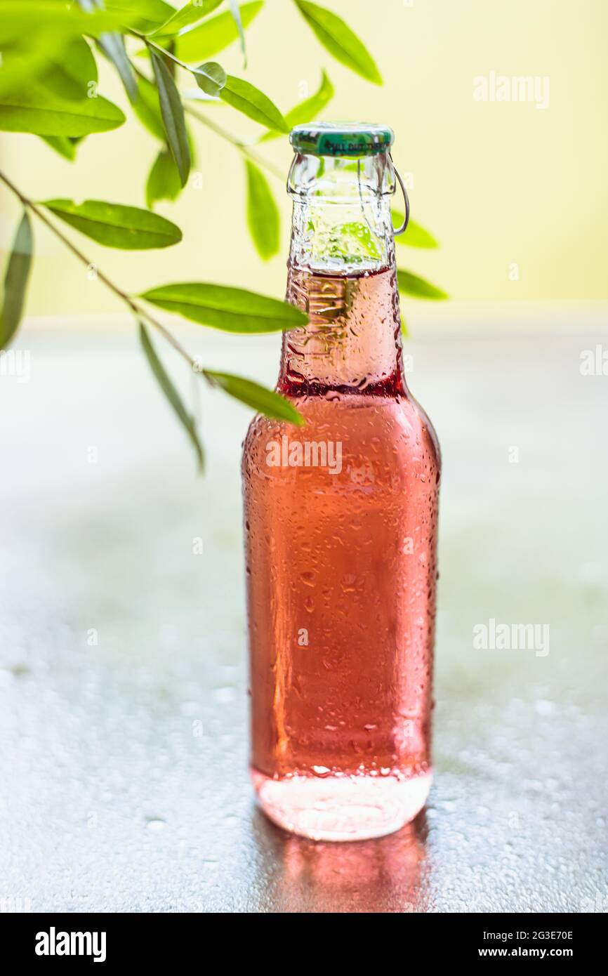 Cold pink lemonade in bottle, green background. Summer refreshing drink ...
