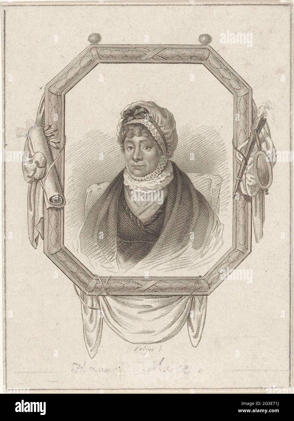 Portrait of Hannah Mone. Portrait of a lady in an octagonal table, with ...