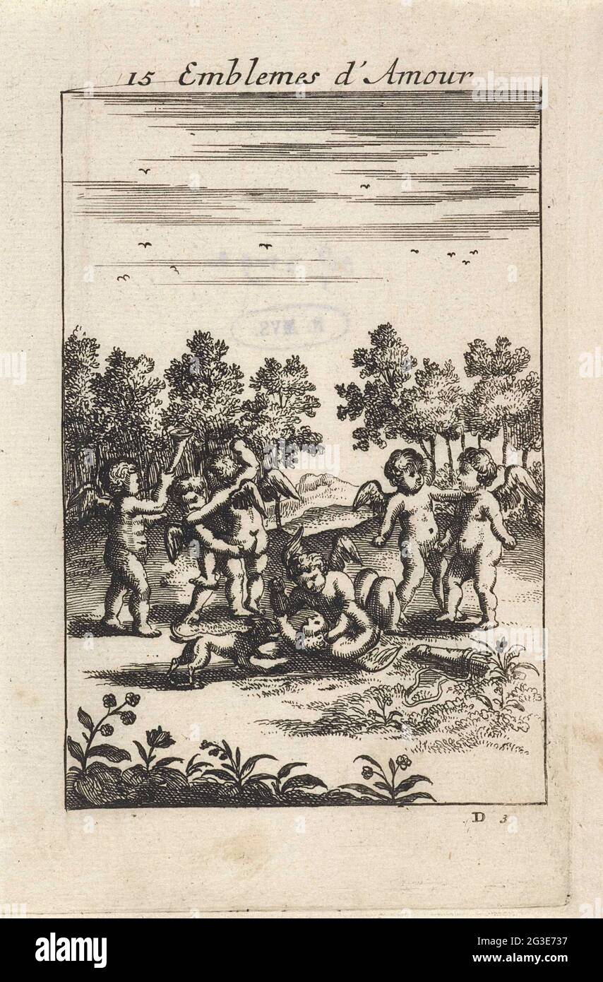 Towing putti in a landscape; Emblemes d'Amour. In a landscape, putty ...