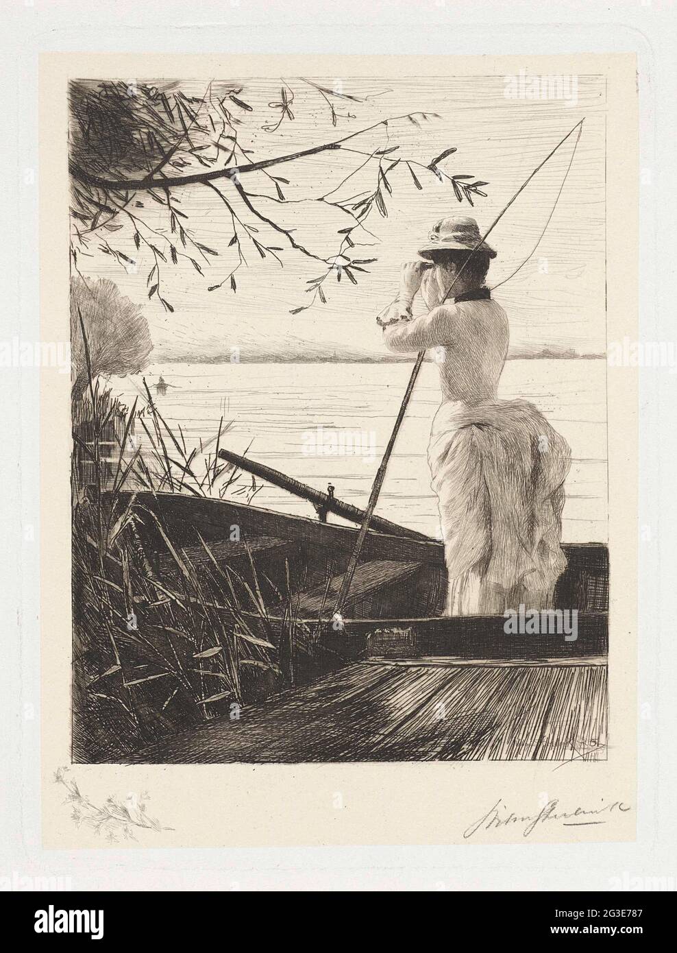 Woman on the lookout. A woman stands in a rowing boat with a fishing ...