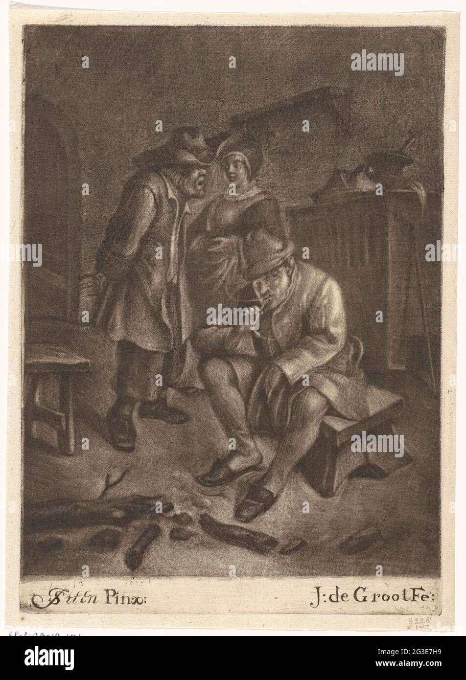 Inn scene. There is a man smoking in an inn. Behind him are a man and a ...