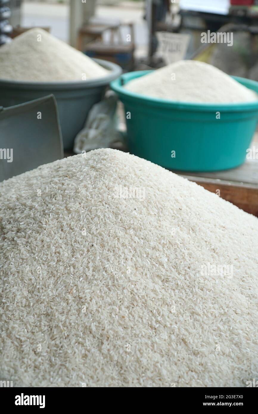 raw white rice grain at Rice Store in Traditional market in Tigaraksa ...