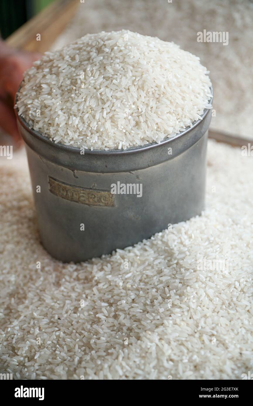 raw white rice grain at Rice Store in Traditional market in Tigaraksa ...
