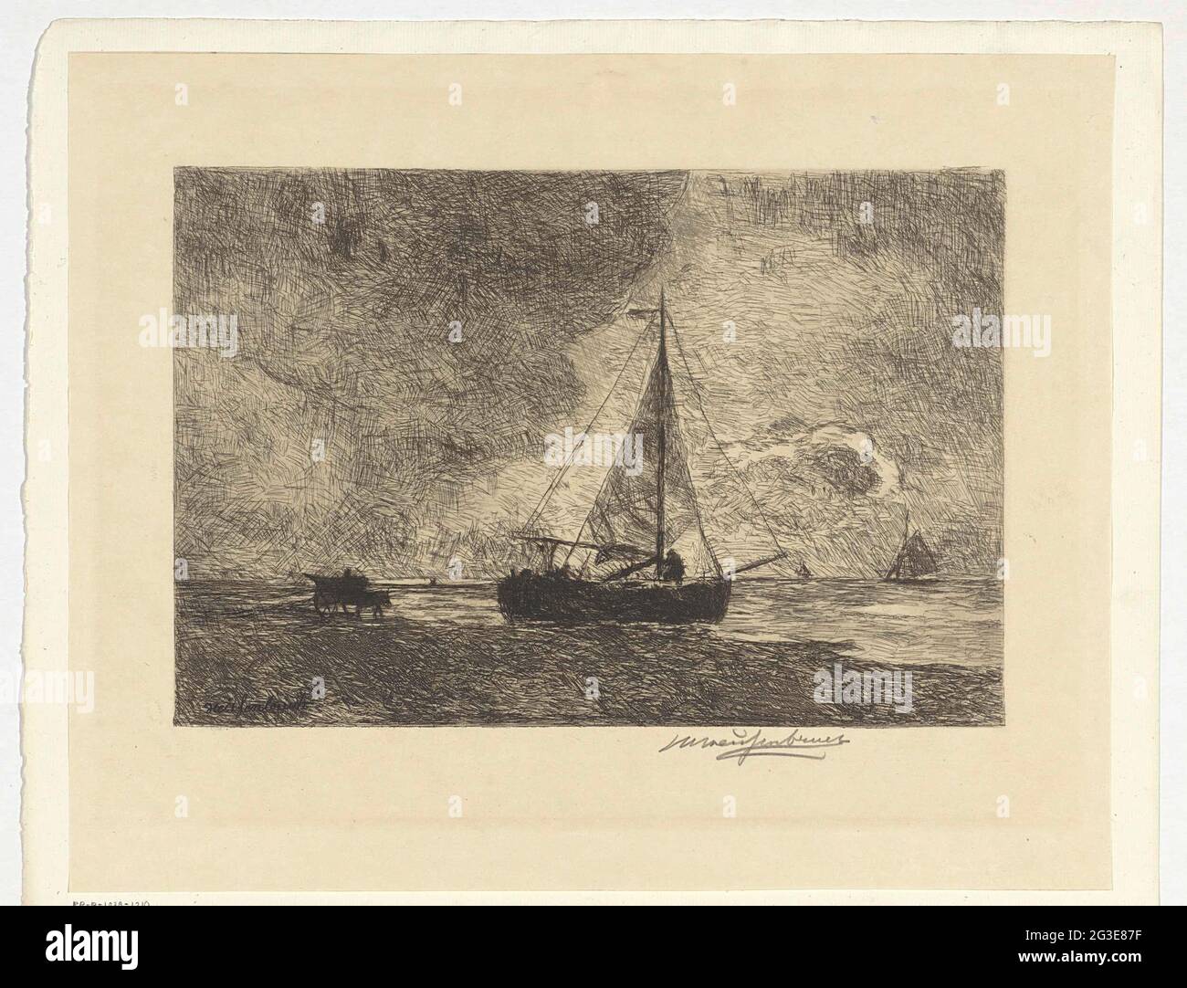 Beach face with sailing ships. A horse and carriage can be seen on the ...