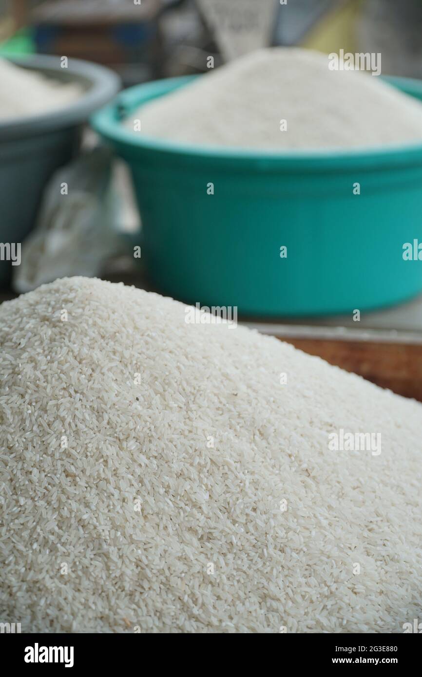 raw white rice grain at Rice Store in Traditional market in Tigaraksa ...