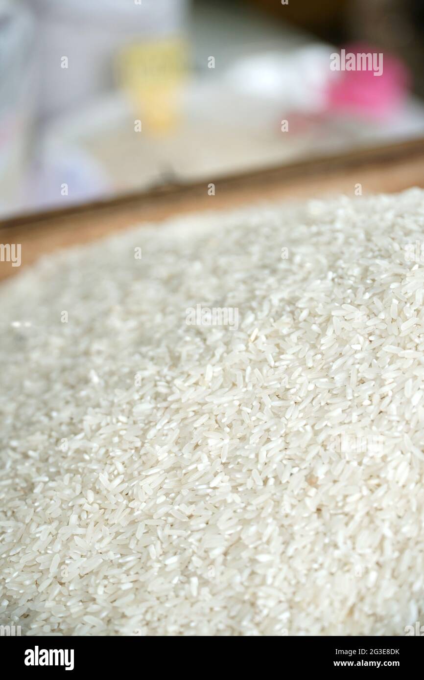 raw white rice grain at Rice Store in Traditional market in Tigaraksa ...