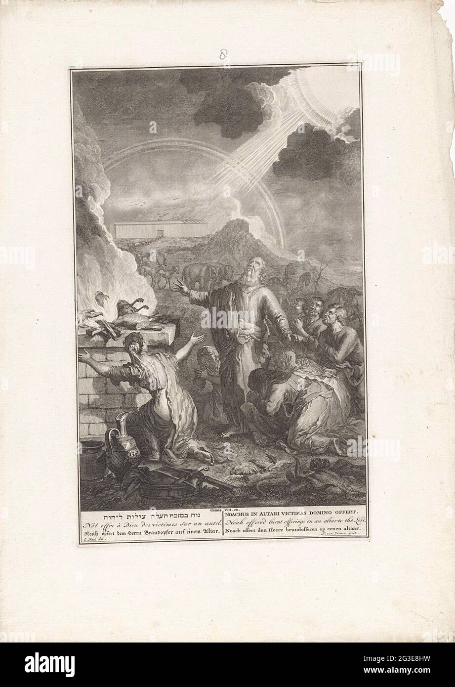 Noah's sacrifice. Noah brings fire options to God. In the background ...