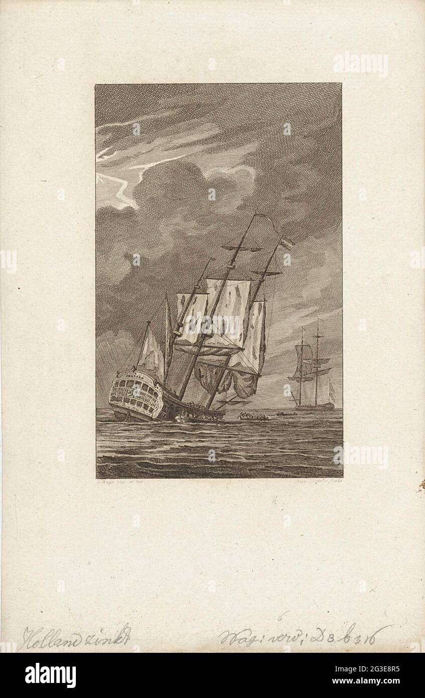 The sinking ship Holland, 1781. The heavy battered ship Holland sinks ...