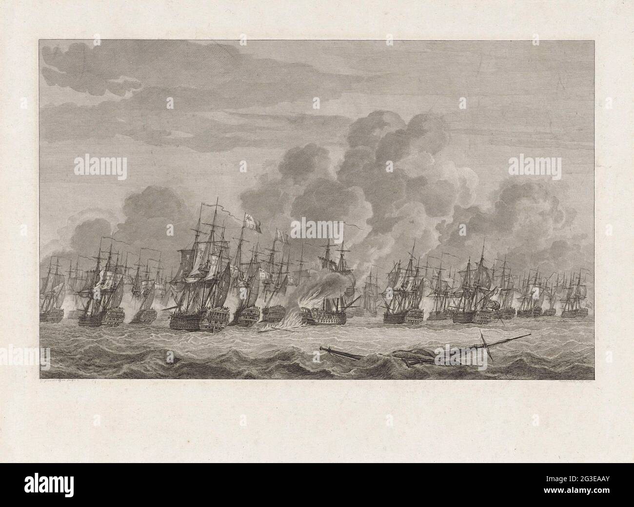 Sea battle at Kamperduin (center), 1797; Three plates of the sea battle ...