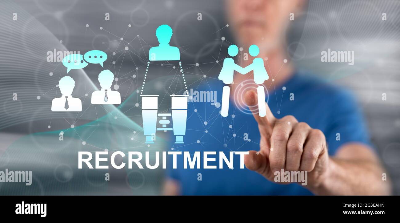 Man touching a recruitment concept on a touch screen with his finger ...