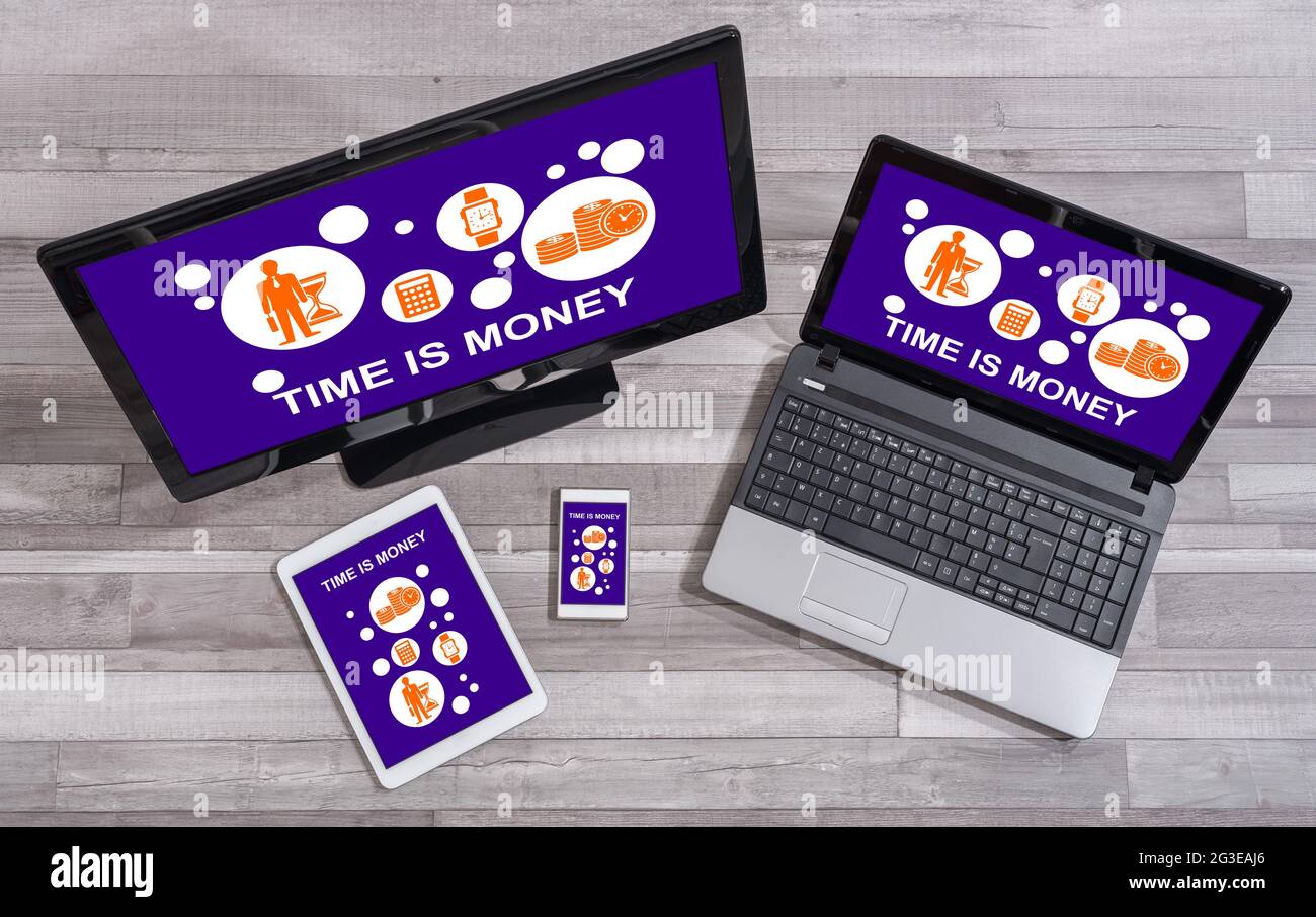 Time is money concept shown on different information technology devices ...
