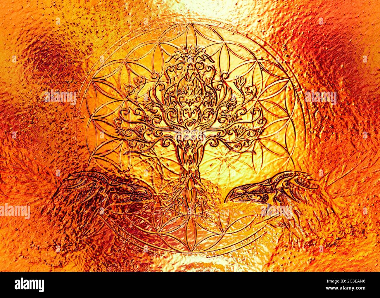 pair of ravens with tree of life and sacred geometry flower of life ...