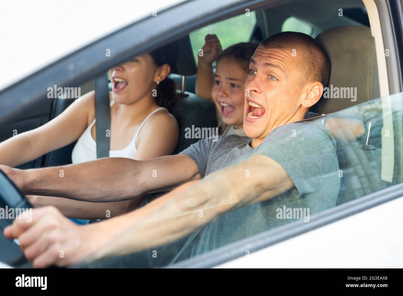 Shocked family frightened of accident during driving Stock Photo - Alamy
