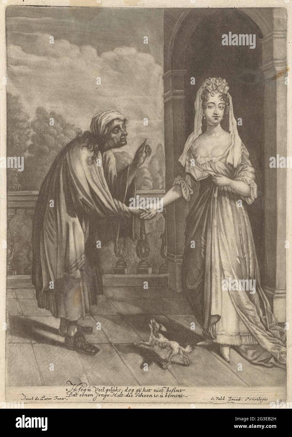 Fortune teller; Hand-reading gypsy. On a terrace a young woman leaves ...