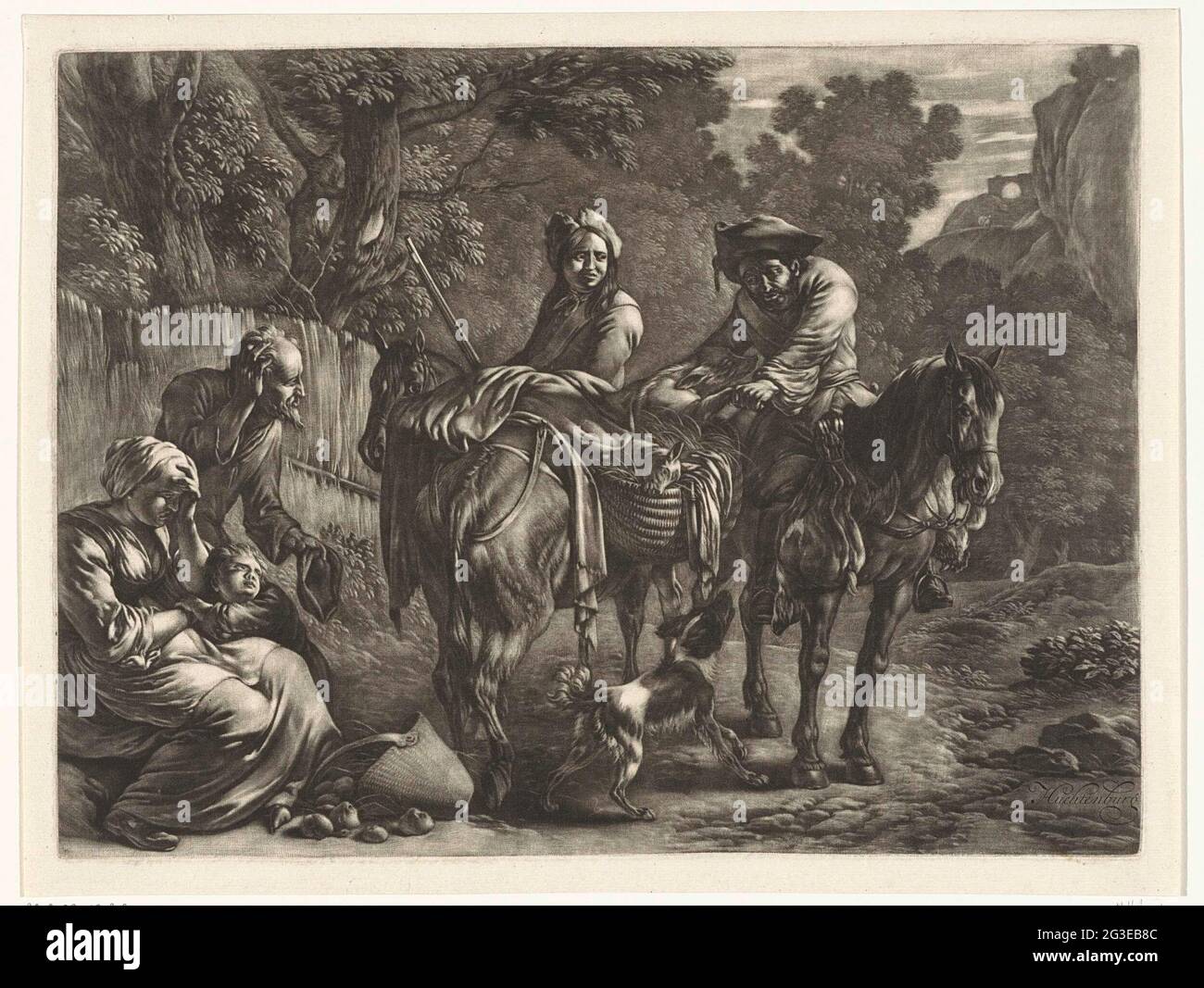 Robbery by scrollers; Riders. In a hilly landscape, a man, woman and ...