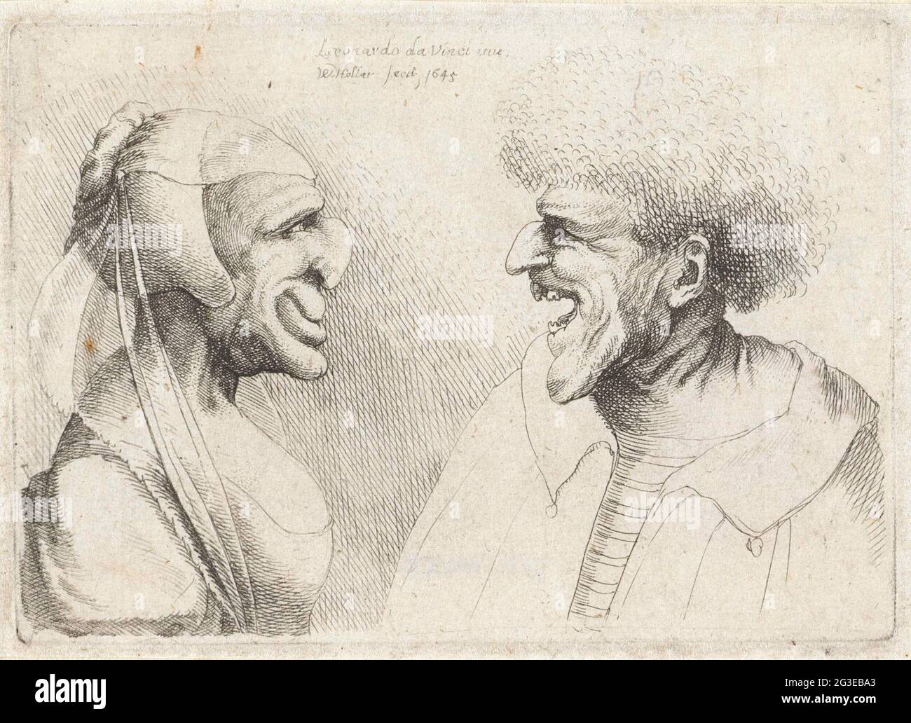 Deformed heads of a smiling man and woman with head cap; Varie figurae ...