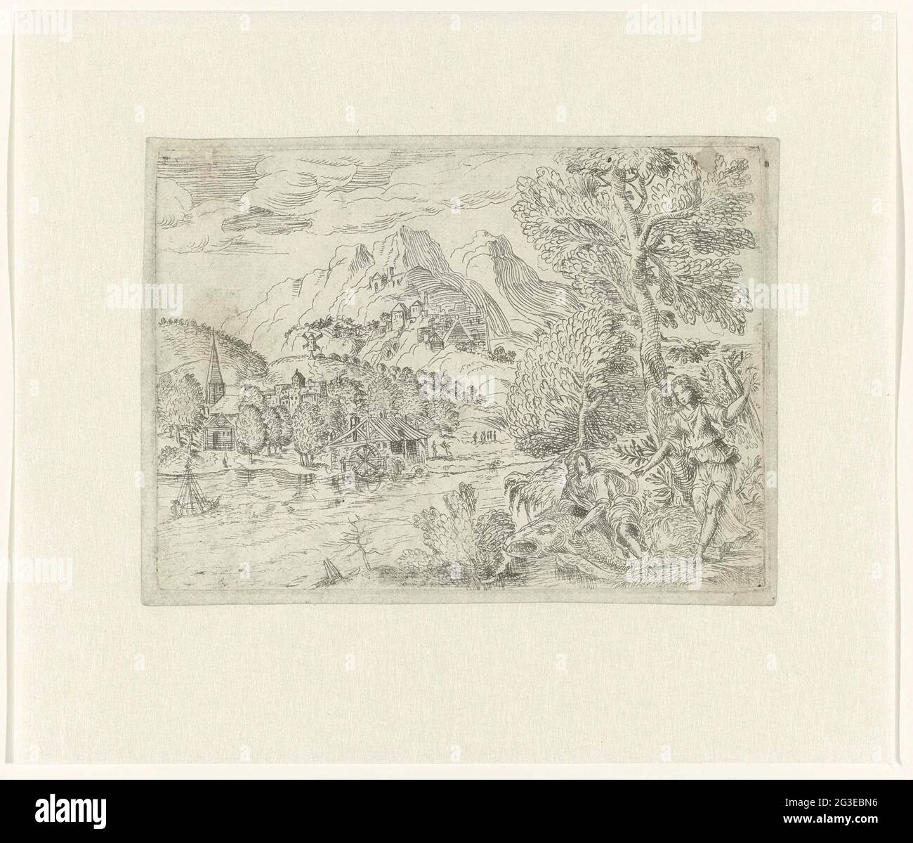 Landscape with Tobias and the angel. Tobias catches a fish in the ...