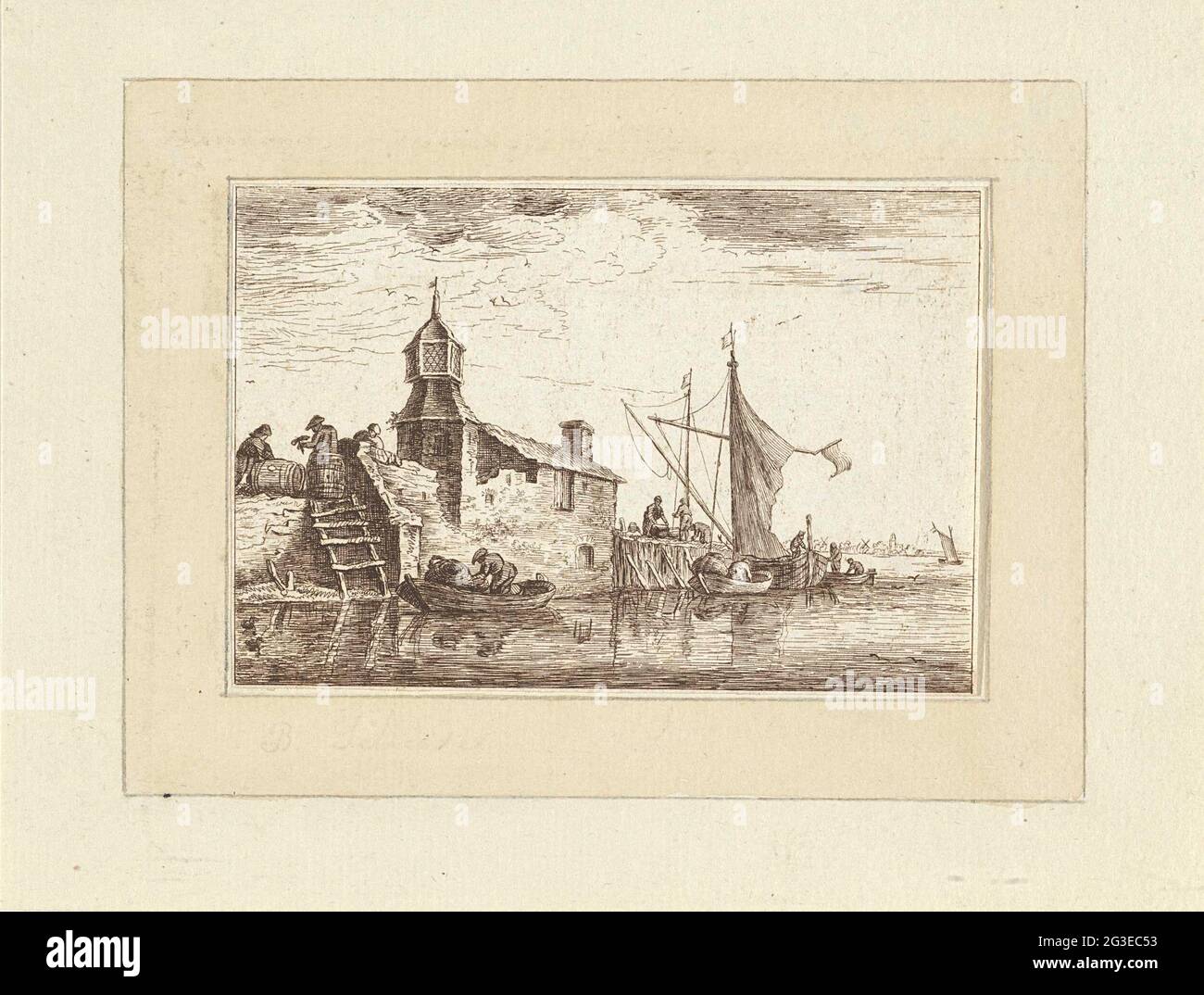 River face with barges. A sailing ship and rowing boats are moored at a ...