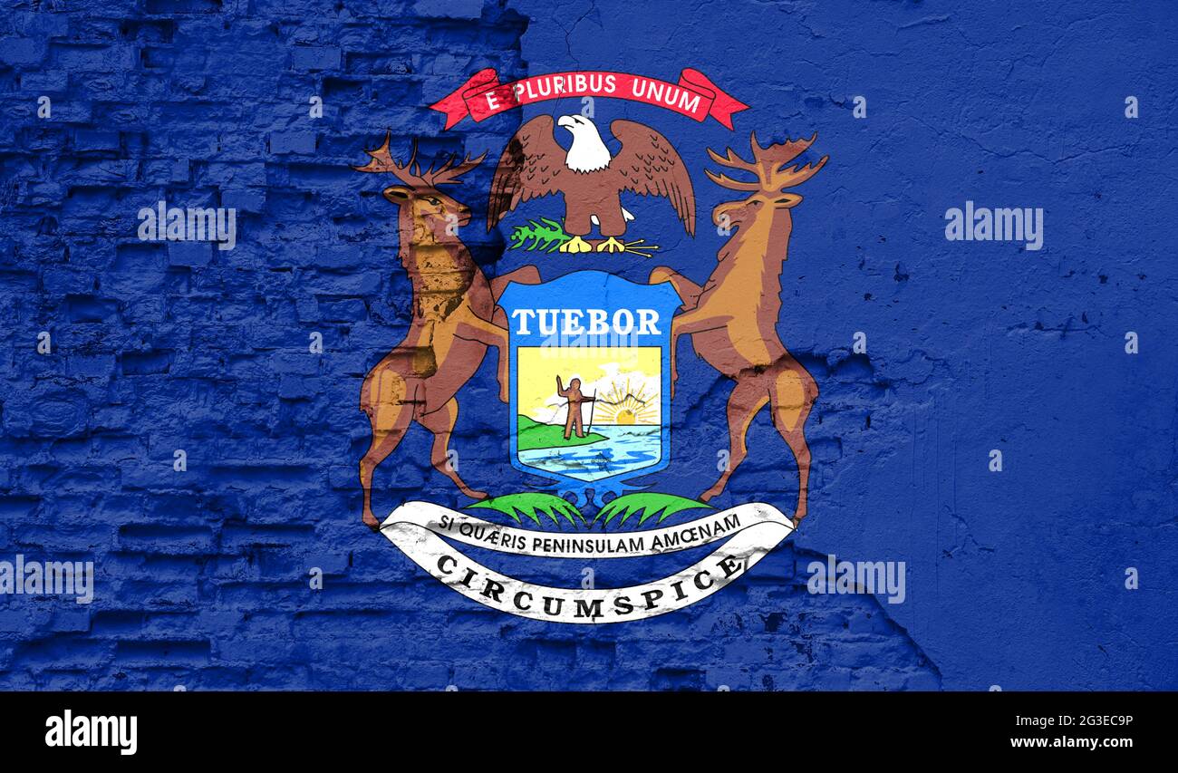 State of Michigan flag is painted onto an old brick wall Stock Photo ...