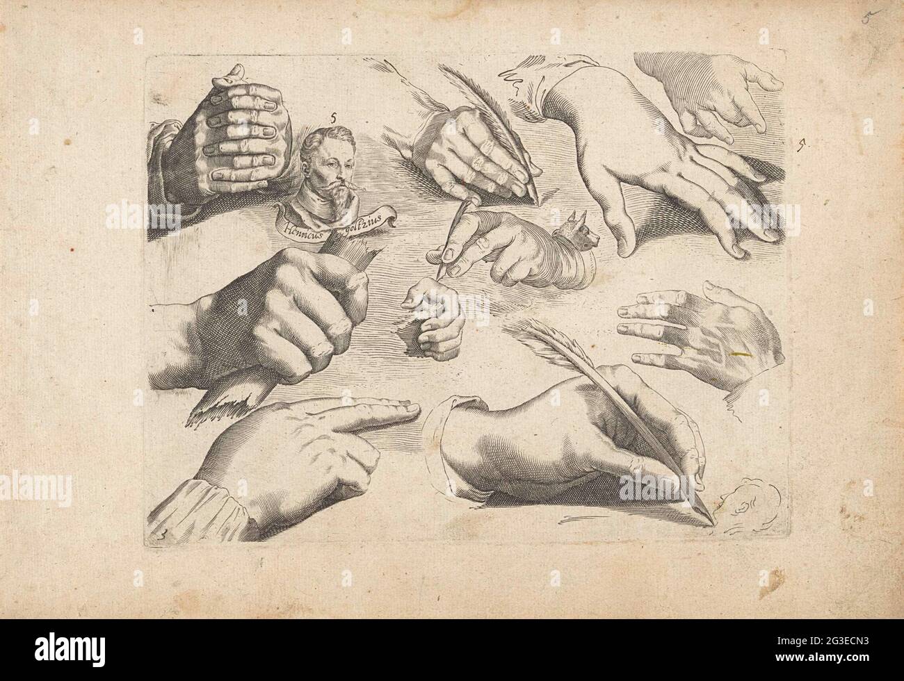 Study sheet with sign examples: Hands and portrait of Hendrick Goltzius ...