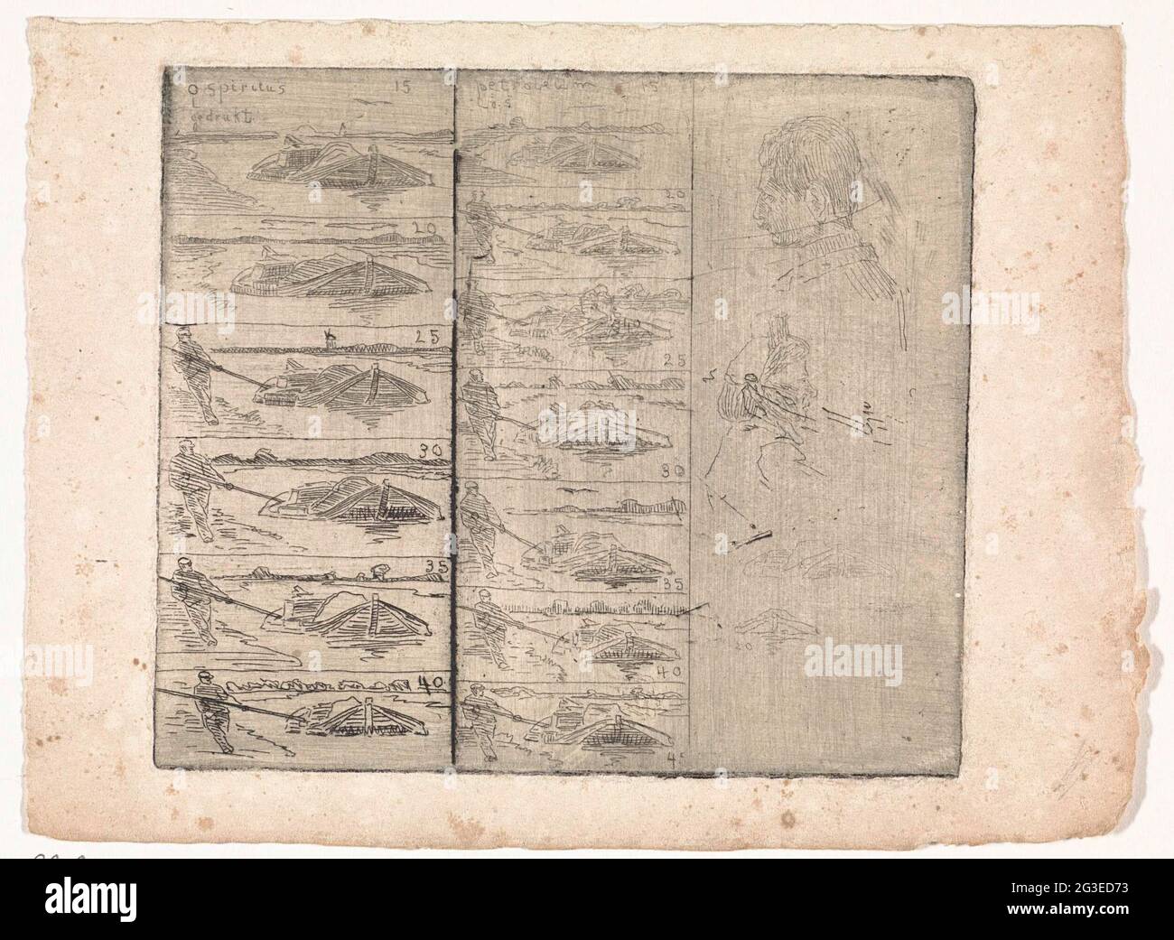 Study sheet with etching tests: man with a pull face. Study magazine ...