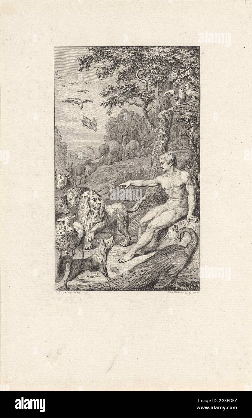 Adam gives the animals their names. Adam is under a tree and gives the ...