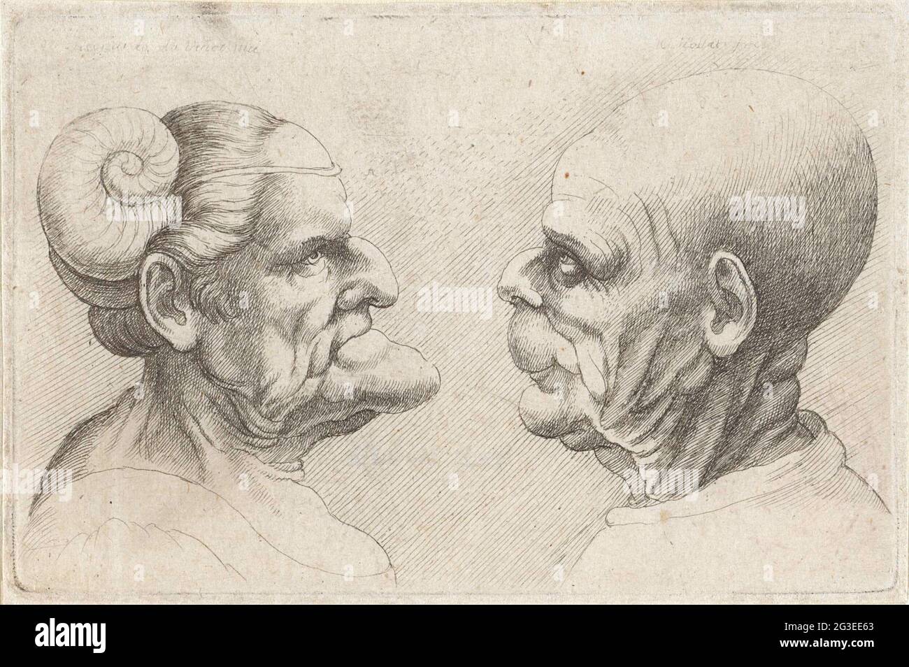 Deformed heads of a bald man and woman with horns on the head; Varie ...