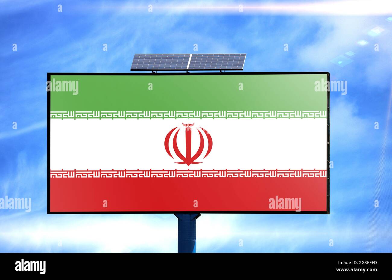 Billboard with Iran flag and solar battery on blue sky background Stock ...