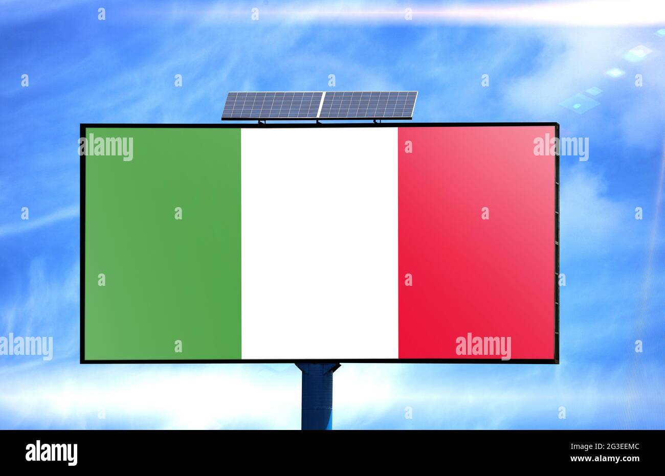Billboard with Italy flag and solar battery on blue sky background ...
