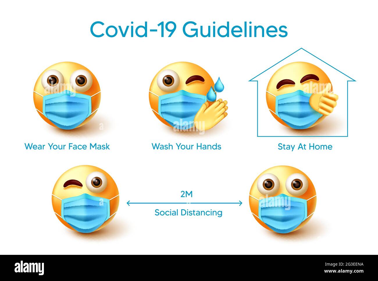 Emoji covid-19 guidelines vector design. Covid-19 guidelines text with ...