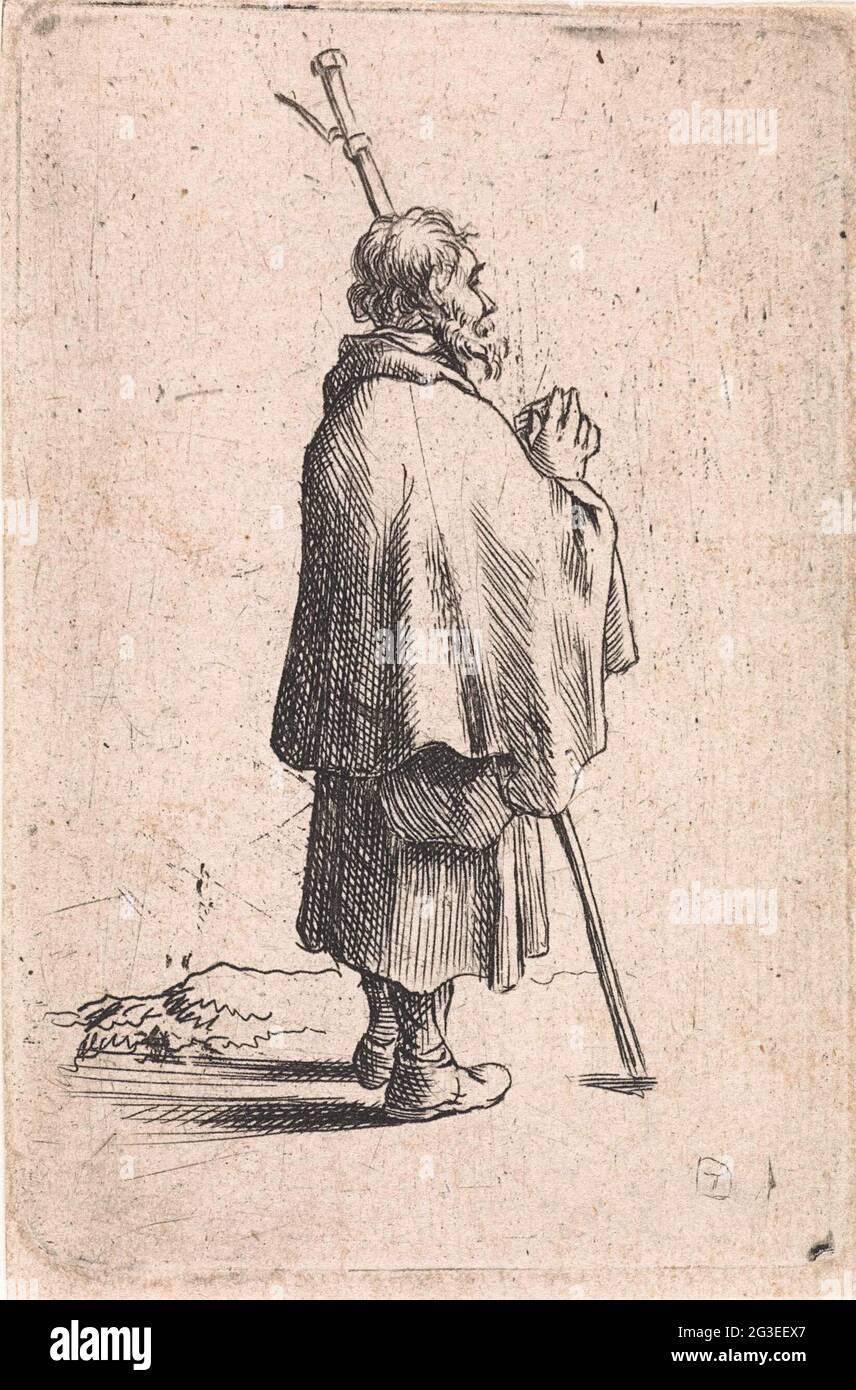 Pilgrim with folded hands; Pilgrims. A pilgrim with a staff and folded ...