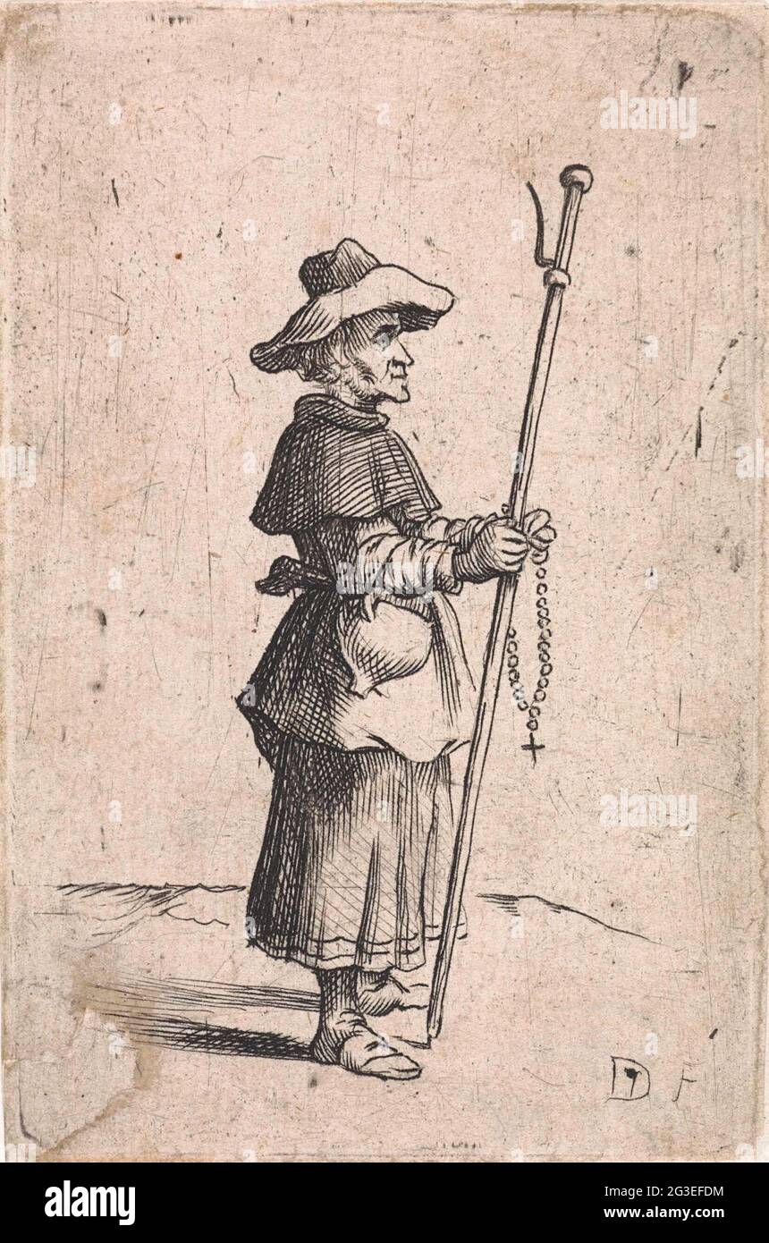 Pilgrim with staff and hat on the head; Pilgrims. A pilgrim with a ...