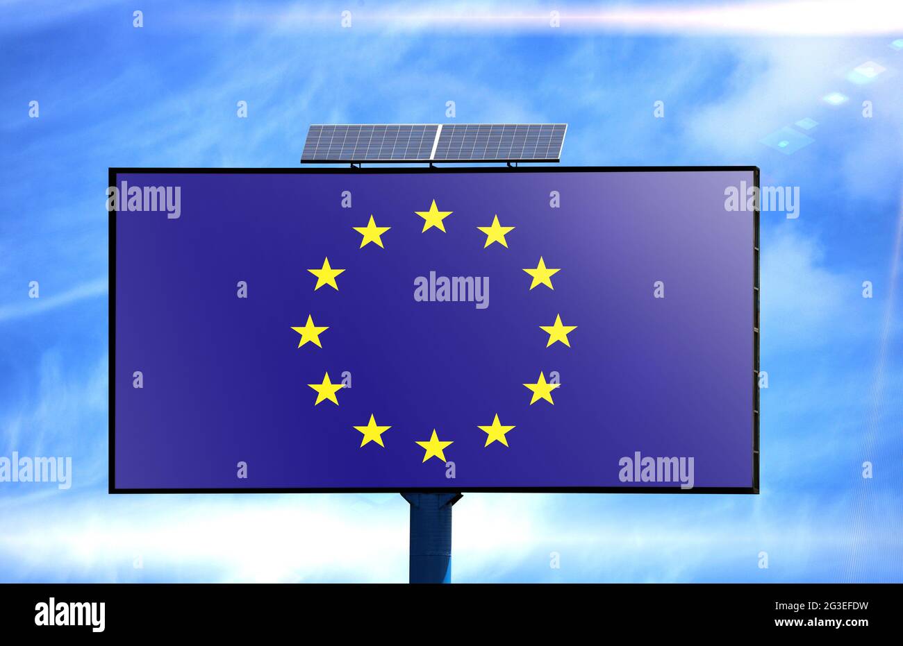 Billboard with European Union flag and solar battery on blue sky ...
