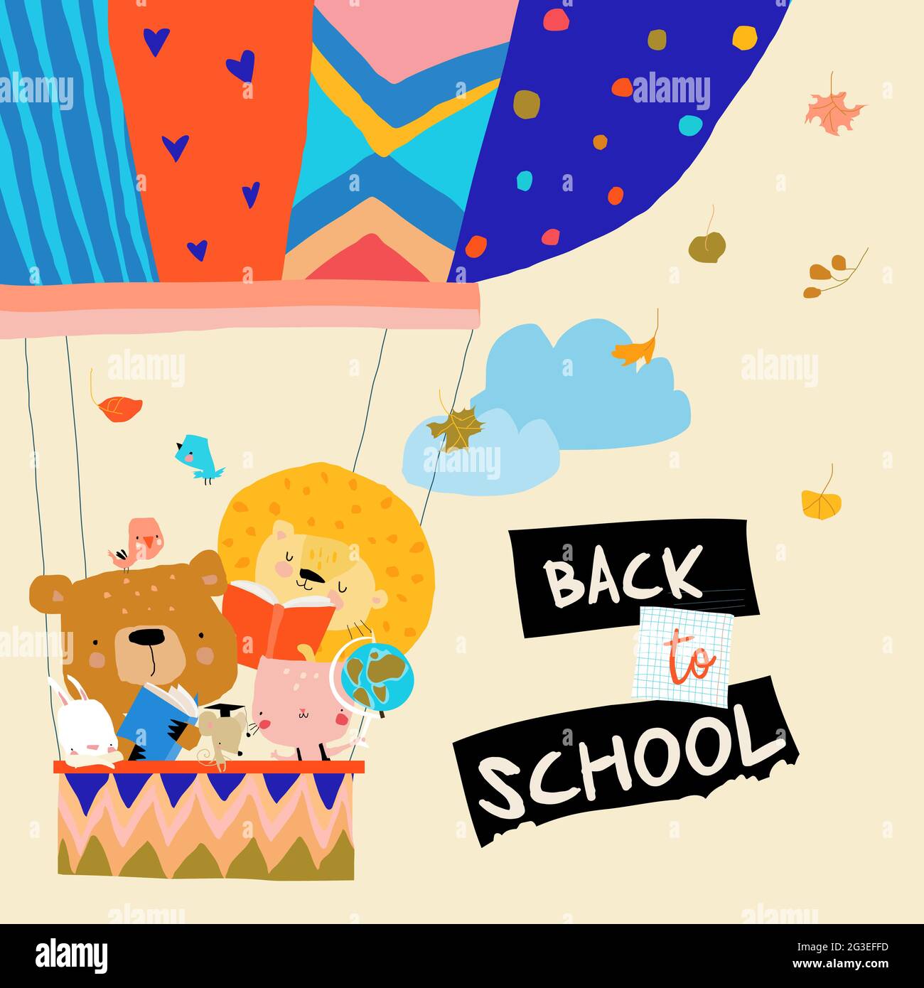 Happy Cartoon Animals flying to the School by Air Balloon Stock Vector ...