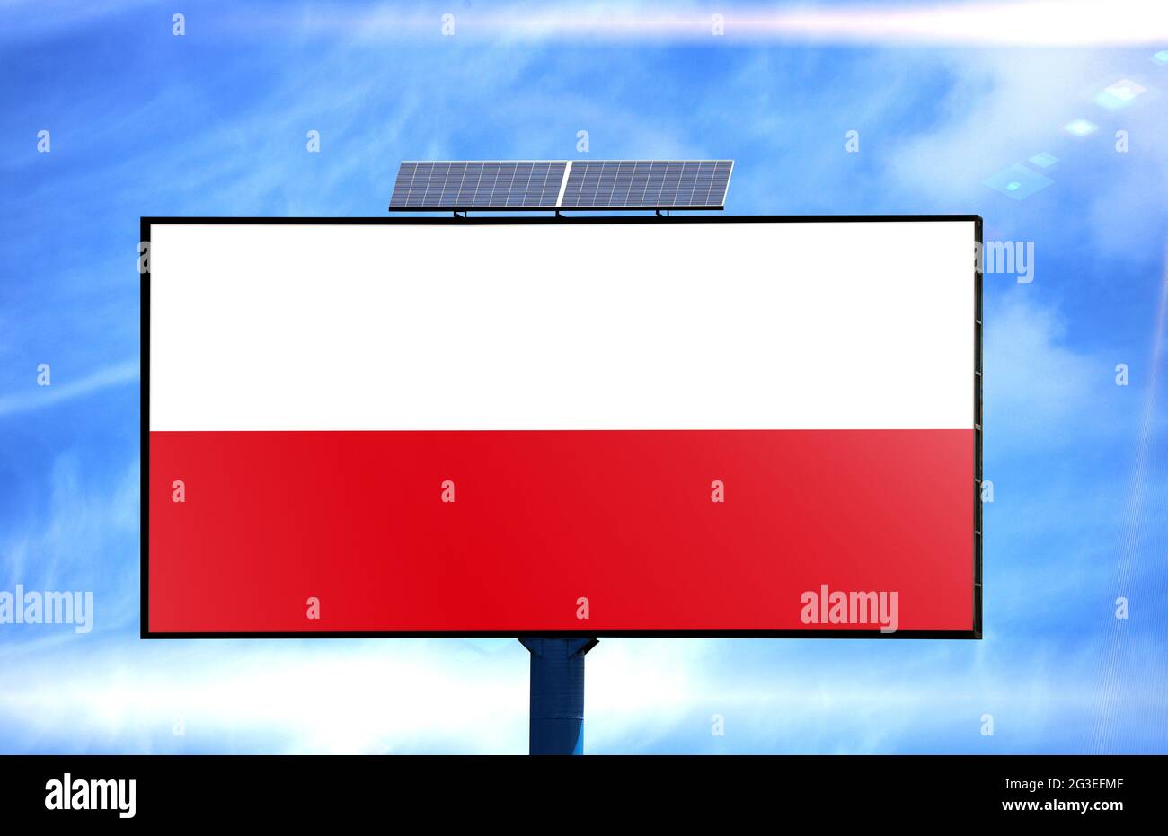 Billboard with Poland flag and solar battery on blue sky background ...