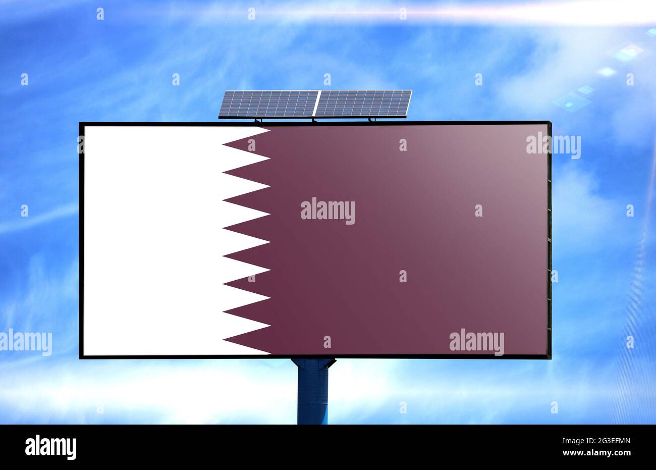 Billboard with Qatar flag and solar battery on blue sky background ...