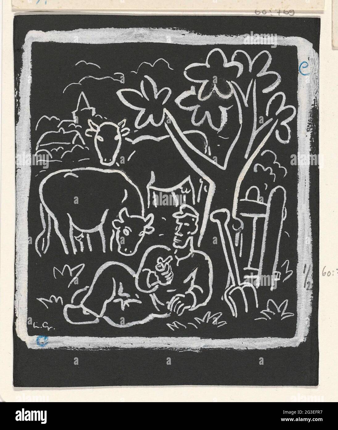 Farmer resting under a tree in a meadow with cows. Design for a print ...