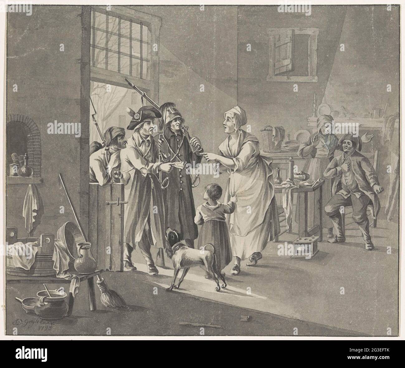 Three French soldiers come with a banknote from inkwartiering at a ...