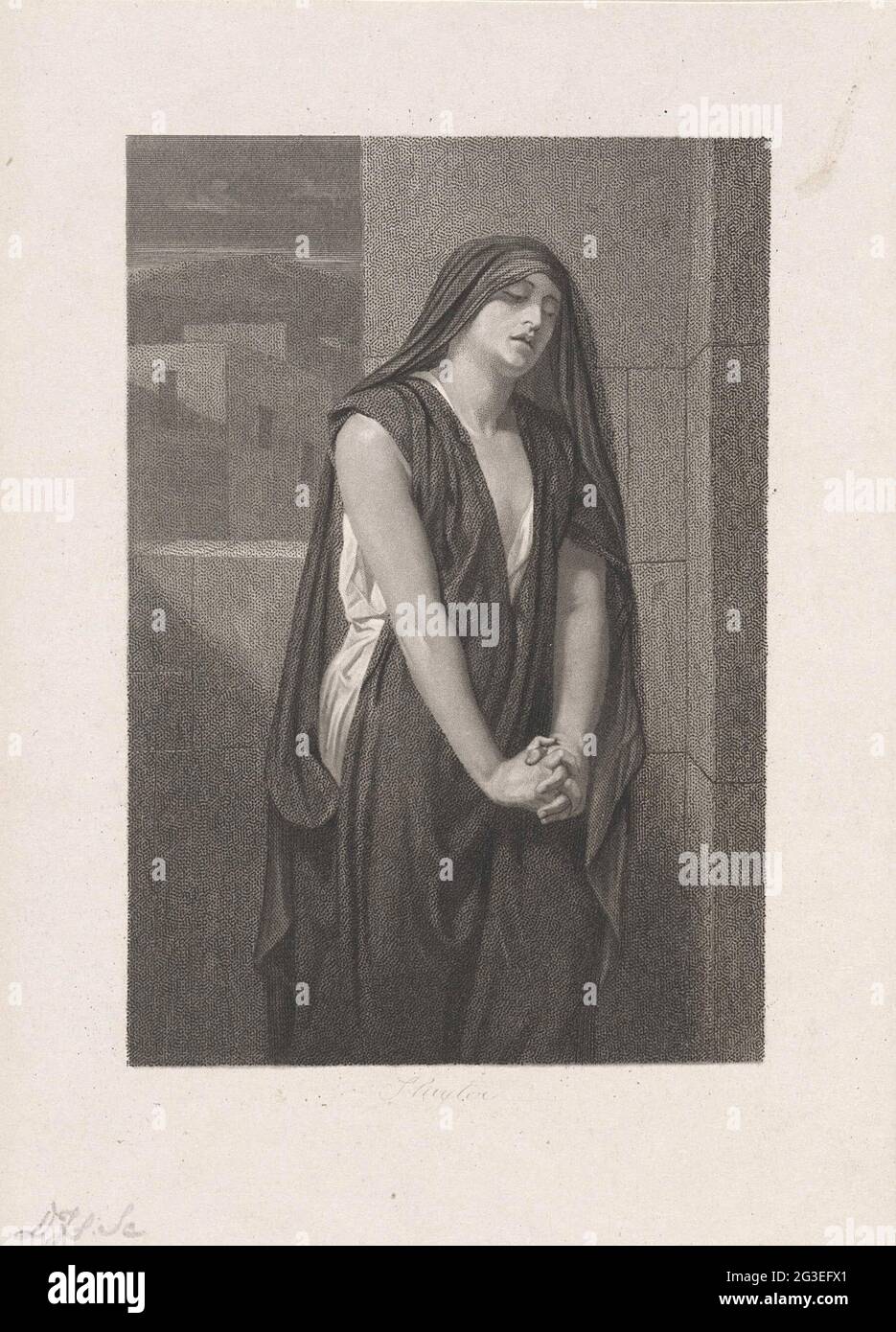 Mourning woman. A grieving woman with veil pinches her hands. In the ...