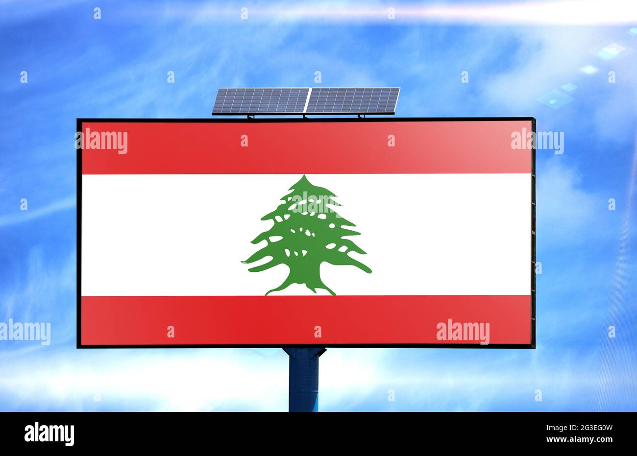 Billboard with Lebanon flag and solar battery on blue sky background ...