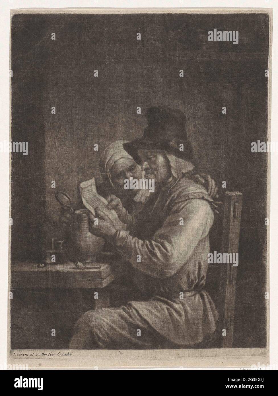 Letter reading man and woman. A man and a woman sit at a table and read ...