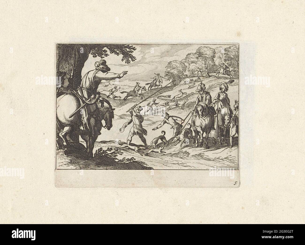 Hare hunt; Hunting scenes; Iachtboeck. In a rolling landscape, dogs and ...