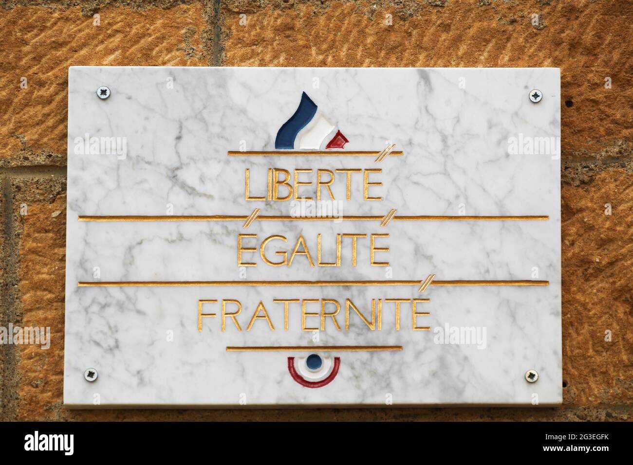 Liberty, Equality and Fraternity on a stone, the motto of the french ...