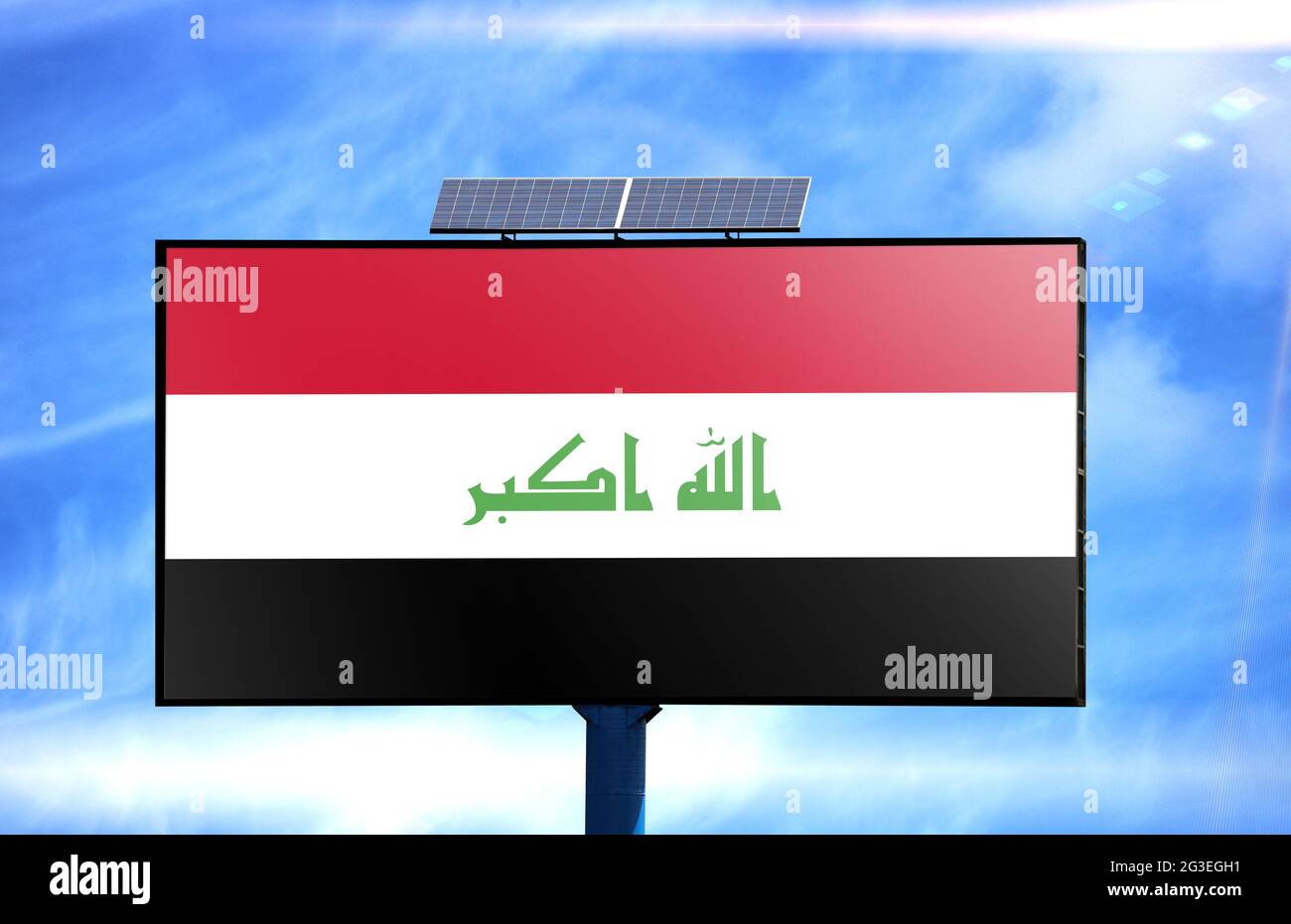 Billboard with Iraq flag and solar battery on blue sky background Stock ...