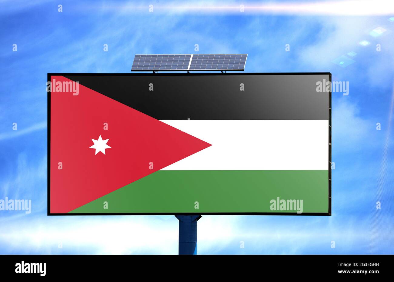 Billboard with Jordan flag and solar battery on blue sky background ...