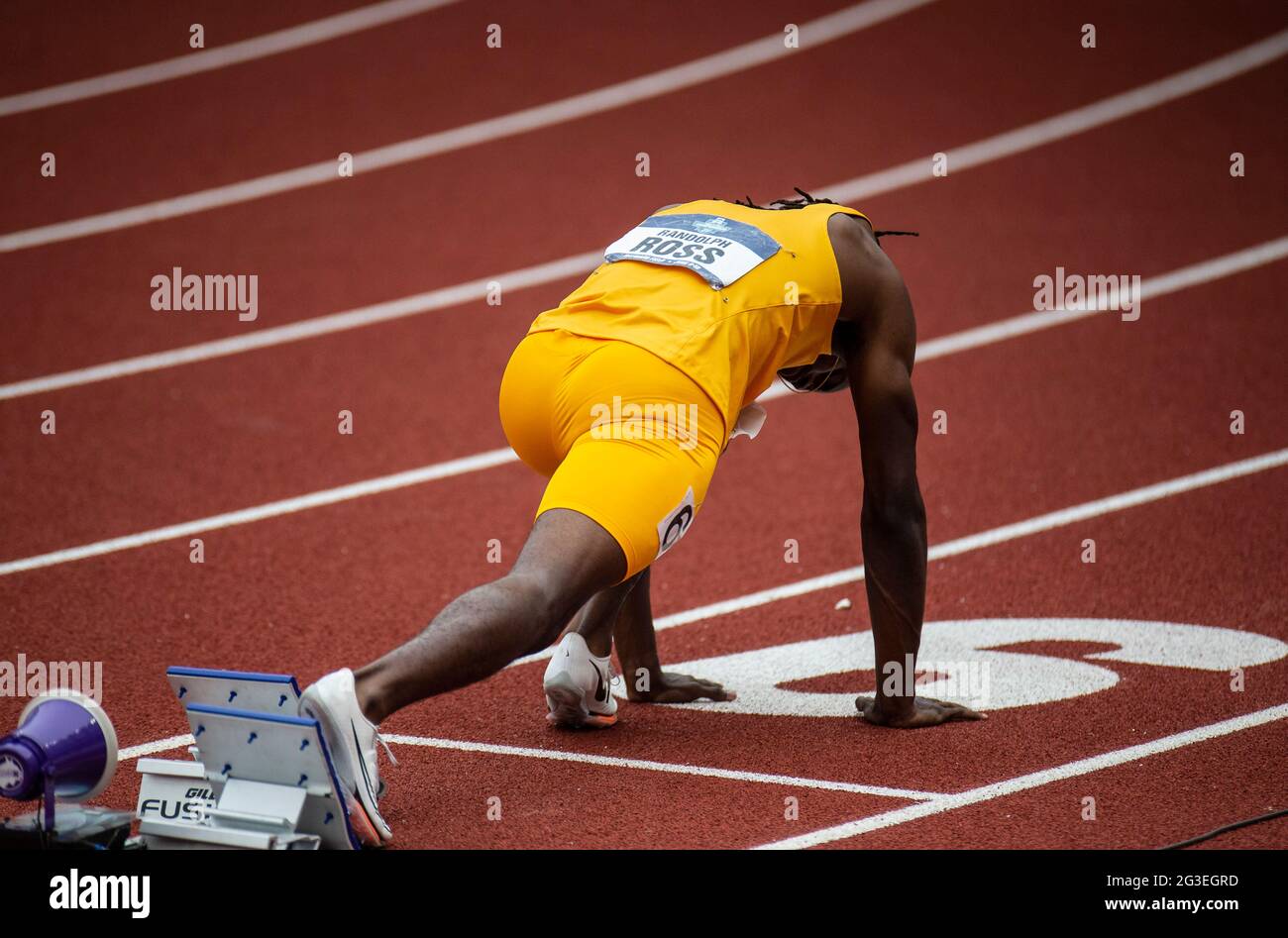 Eugene, OR U.S. 11th June, 2021. A. LSU Randolph Ross prepares for the ...